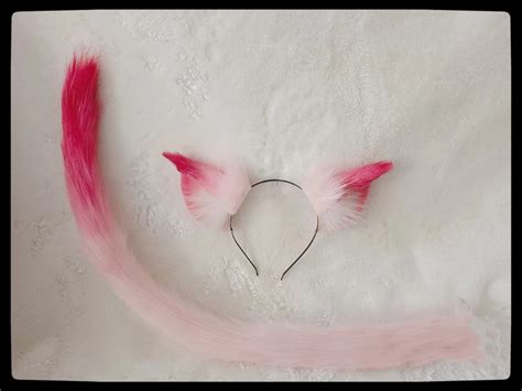 Cos Pink Cat Ears Tail Kit Cosplay Fox Headband Hairband Etsy