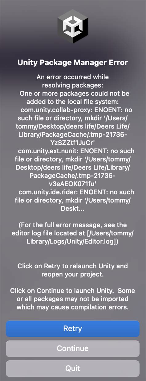 mac unity package manager error resolving packages one or more