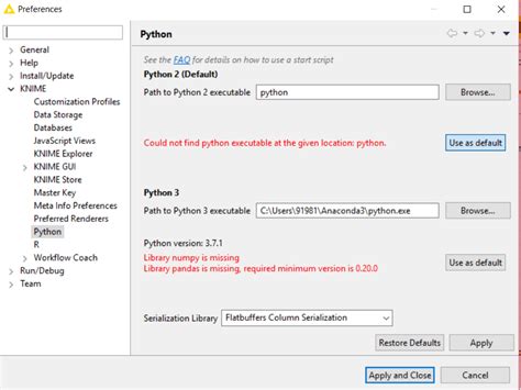 knime desktop version 3 7 1 could not start python kernel knime