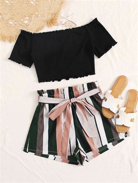 Shein Girls Rib Knit Cami Top And Paperbag Waist Grid Shorts Set Artofit