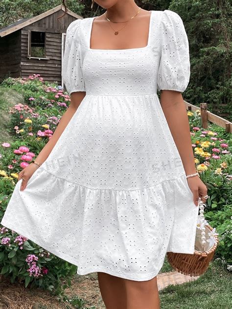 Shein Maternity Square Neck Puff Sleeve Ruffle Hem Schiffy Dress