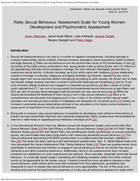 Pdf Risky Sexual Behaviour Assessment Scale For Young Women