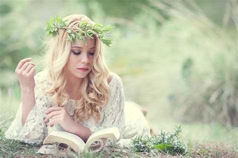 Nature Model White Dress Books Wreaths Women Outdoors Long Hair