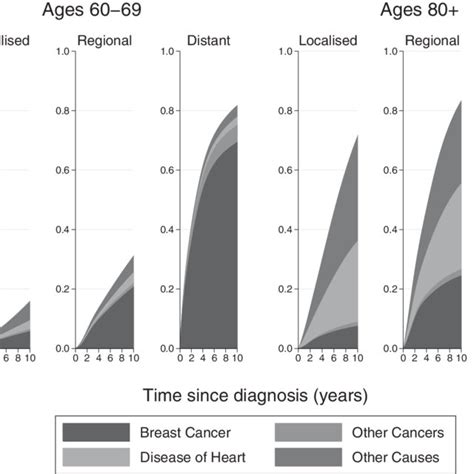 Stacked Cumulative Incidence Function Plots By Stage For Ages 60 69 And
