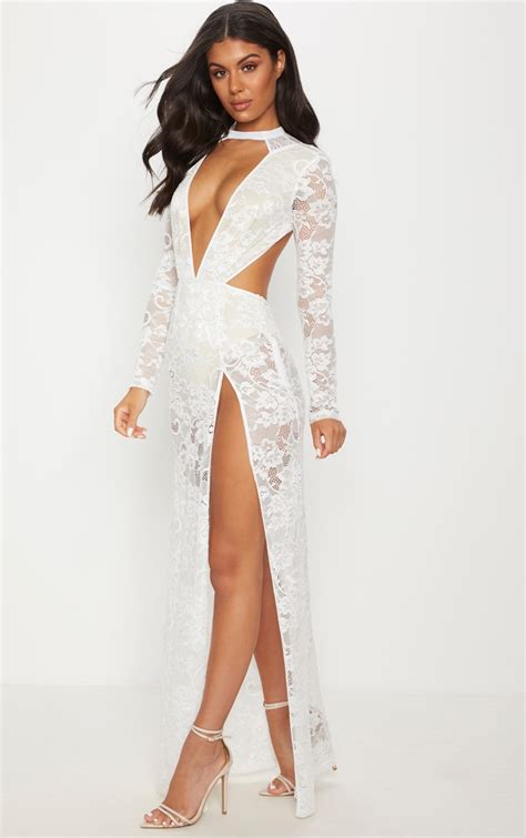 Robe Longue Dos Nu En Dentelle Blanche à Décolleté Plongeant Robes