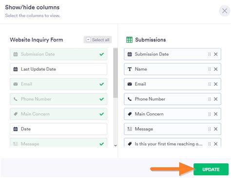 how to show and hide columns in jotform tables