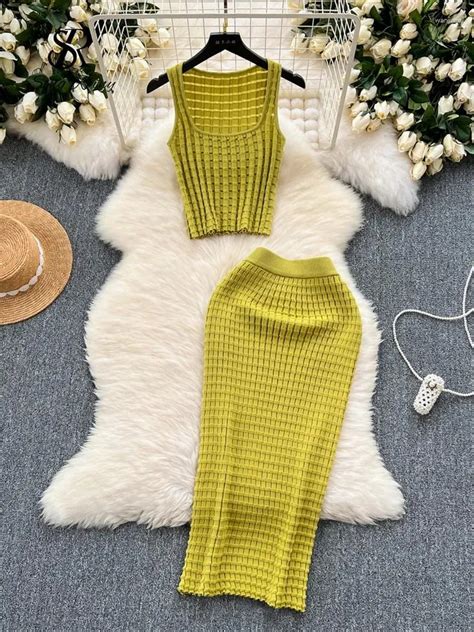 Singreiny 2024 Retro Knitted Two Piece Set Sleeveless Short Top And