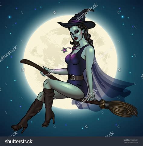 Sexy Pin Up Witch Flying On Broom On The Full Moon Background Vector