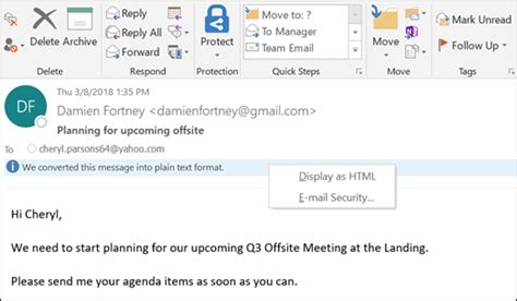 read email messages in plain text outlook