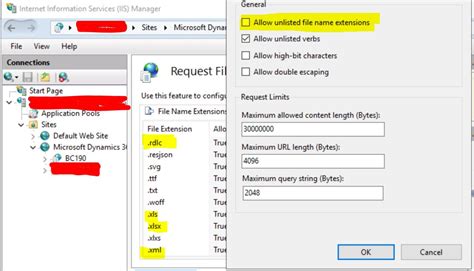 iis cofiguration request filtering dynamics 365 business central nav