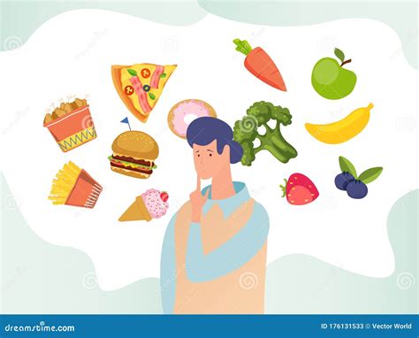 Cartoon Young Man Making Choice Between Healthy And Unhealthy Food Flat