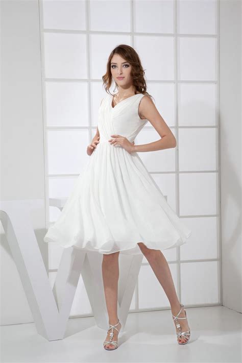V Neck Chiffon Ruched White Graduation Dress Bridesmaid Big Fashion