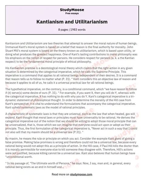 Kantianism And Utilitarianism Free Comparison Essay Example Compare
