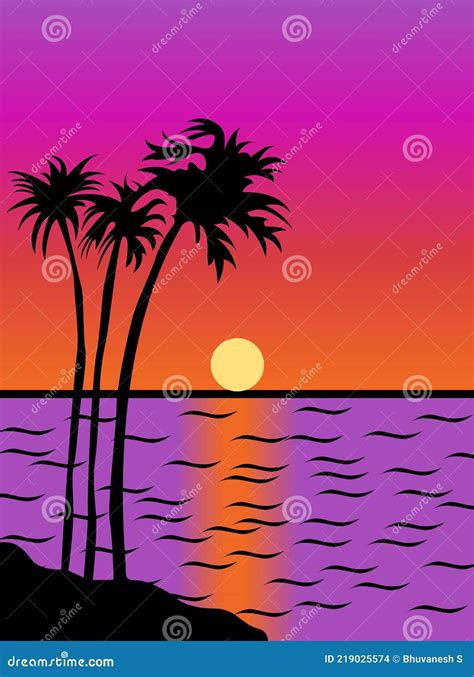 Dibujo De La Naturaleza Del Atardecer Con Río Y Palmeras Ilustración