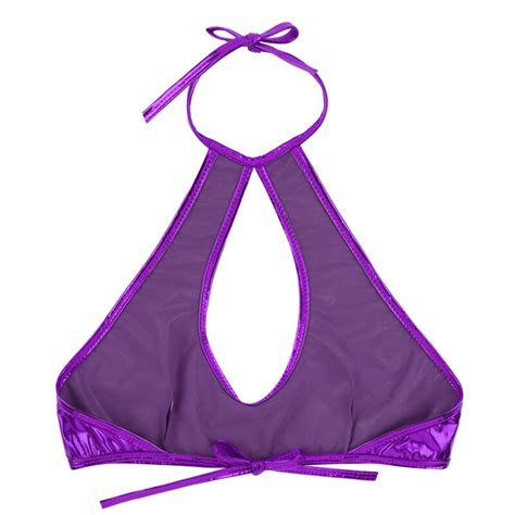 Damen Sexy Crop Top Neckholder Bh Rückenfrei Wetlook Tief V Ausschnitt