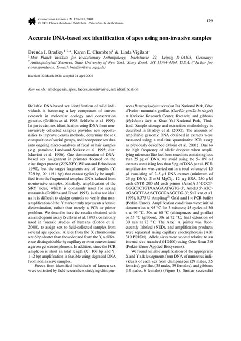 Pdf Accurate Dna Based Sex Identification Of Apes Using Non Invasive