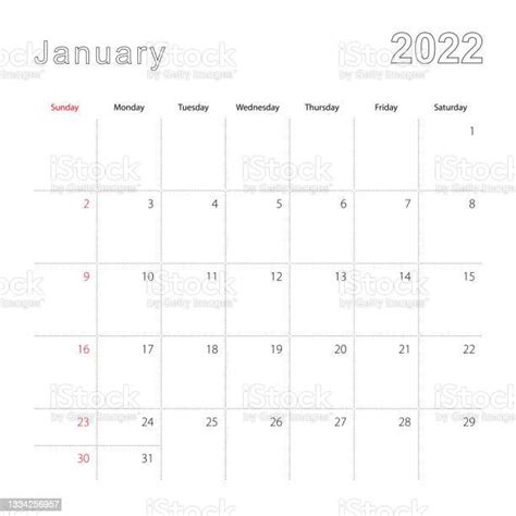 Ilustración De Calendario De Pared Simple Para Enero De 2022 Con Líneas