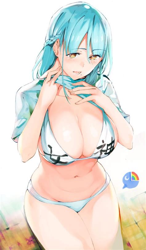 Rule 34 Bangs Bikini Blue Hair Braid Breasts Cleavage Clothes Writing