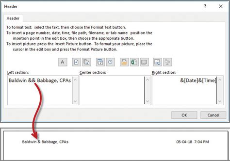 microsoft excel including an and in headers and footers