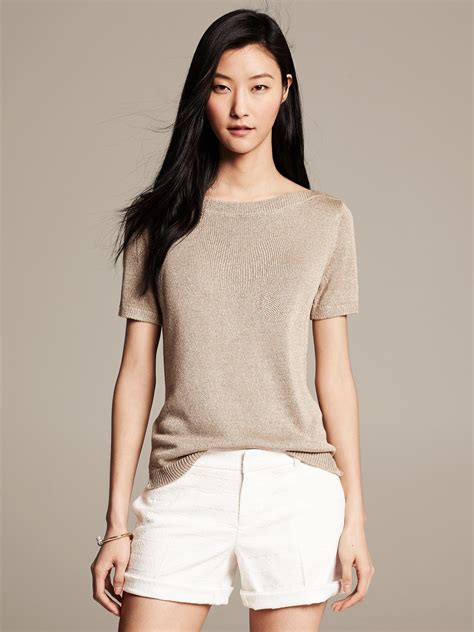 Banana Republic Heritage Metallic Short Sleeve Sweater In Beige Golden