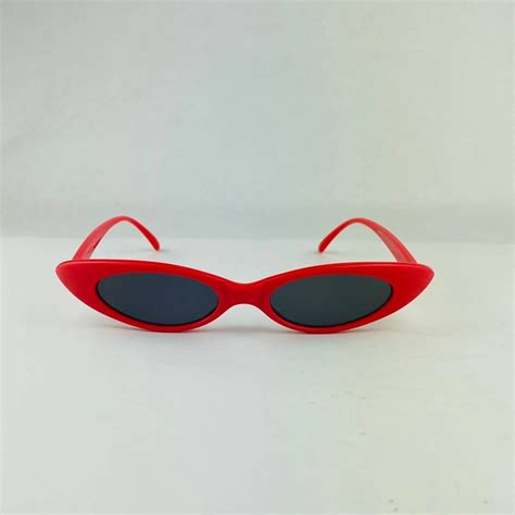 Slim Oval Red Frame Cat Eye Sunglasses Etsy Canada Cat Eye