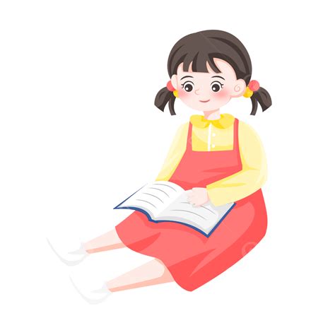 รูปสาวการ์ตูนวาดด้วยมือนั่งอ่านหนังสือบนพื้น Png การอ่าน หญิงสาว