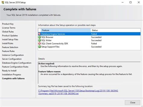 sql server 2019 installation error an error occurred for a dependency