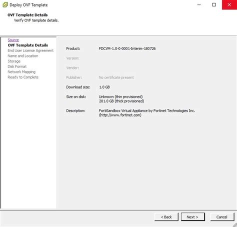 deploying the ovf file using vmware vsphere client fortideceptor 4 0 0