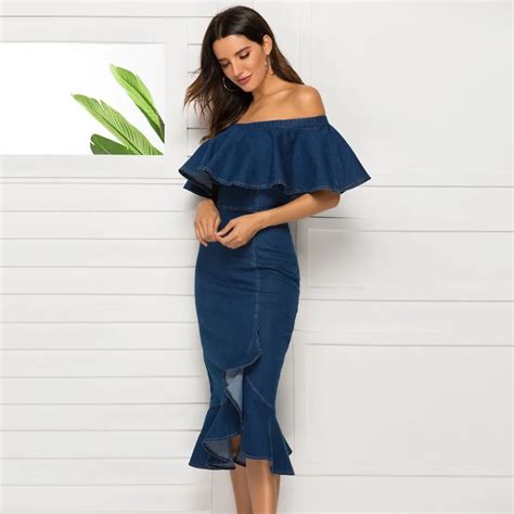 Okayoasis Sexy Women Strapless Ruffles Bodycon Denim Maxi Dress Elegant