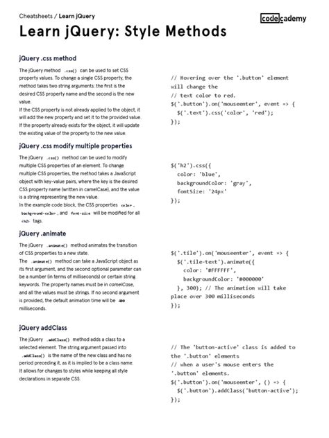 learn jquery learn jquery style methods cheatsheet codecademy