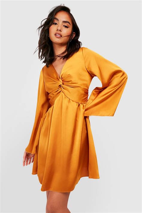 Satin Twist Flare Sleeve Skater Dress Boohoo
