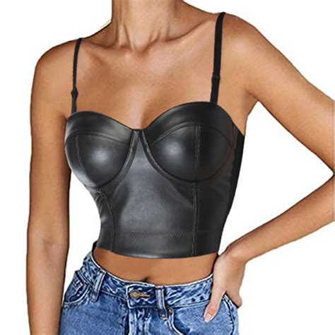 Black Leather Bustier Crop Top Gothic Punk Push Up Womens Corset Top