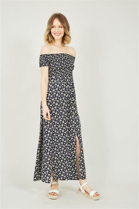 Mela Navy Bardot Ditsy Floral Maxi Dress Mela