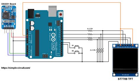 interfacing arduino with ds3231 rtc and st7789 tft simple circuit