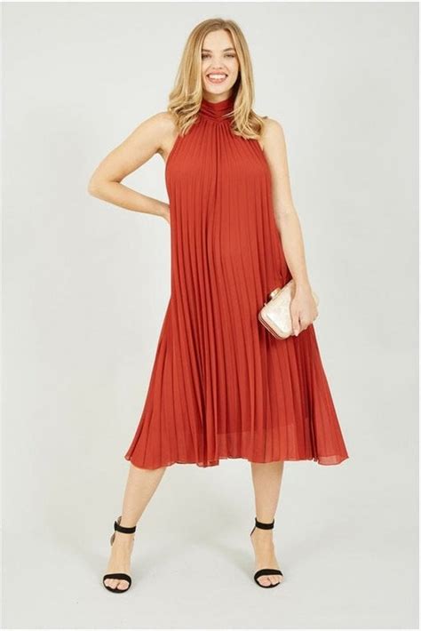 Yumi Rust Halter Neck Pleated Midi Dress Yumi