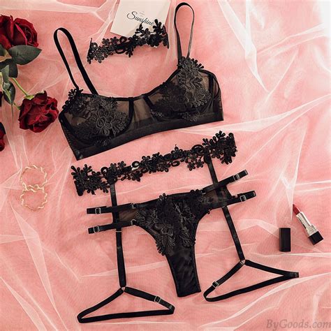 Sexy Embroidery Flower Lace Mesh Bra Underwire Panty Garter Belt With