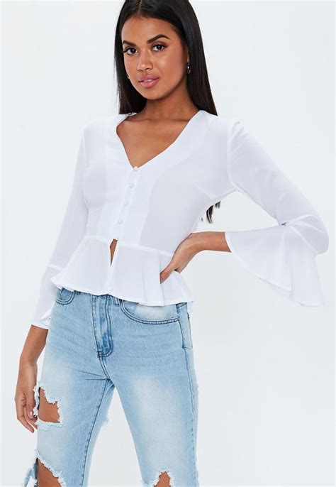 White Crepe Button Peplum Blouse Missguided Long Sleeve Tops Casual