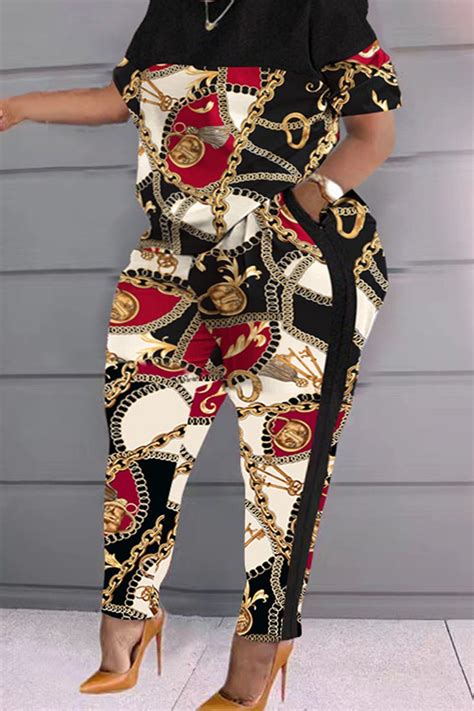 Black Casual Print Patchwork O Neck Plus Size Two Pieces Plus Size