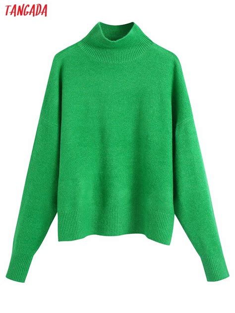 Tangada Women Green Turtleneck Knitted Sweater Jumper Female Elegant