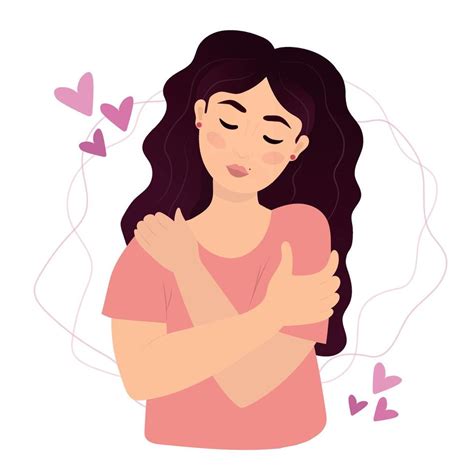 Love Yourself Concept Woman Hugging Herself Illustration In Cartoon