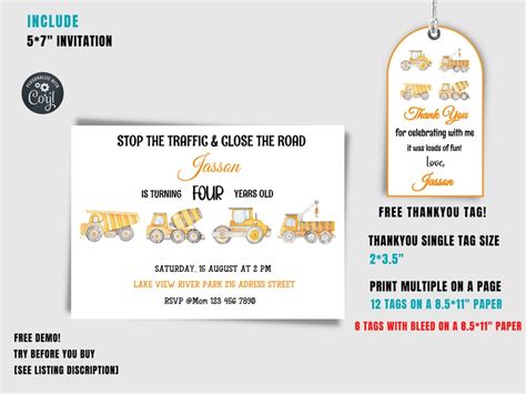 Construction Birthday Party Invitation Editable Construction