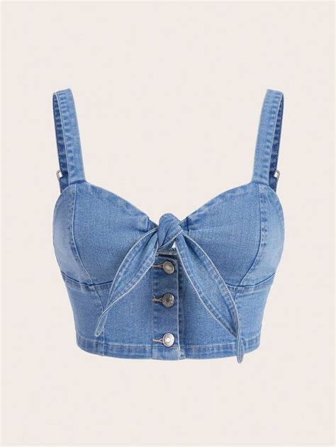 Shein Mod Knot Front Cami Denim Top Shein Usa Denim Top Denim Top