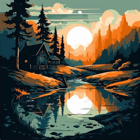 Um Cartaz Para Uma Casa à Beira Do Lago Com O Sol Atrás Dela Vetor