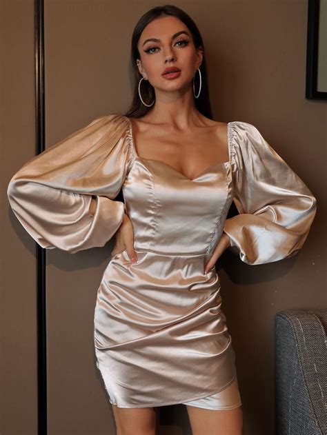 Joyfunear Sweetheart Neck Lantern Sleeve Satin Bodycon Dress Satin
