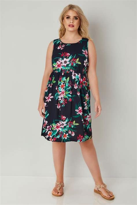 Navy And Multi Floral Print Pocket Dress With Elasticated Waistband Plus