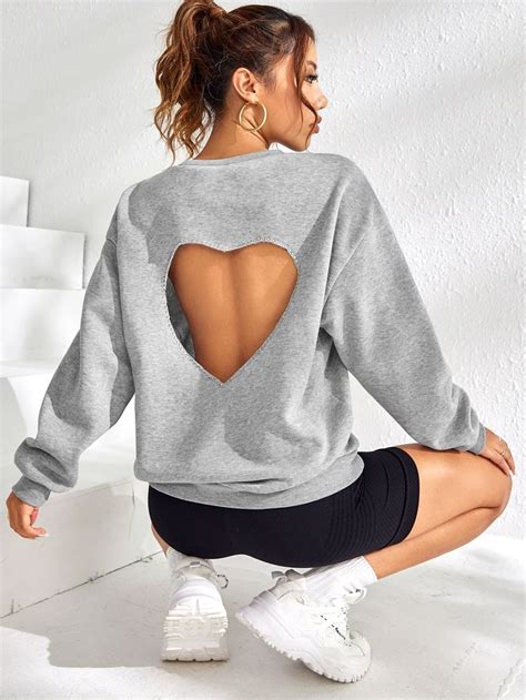 Shein Ezwear Heart Cut Out Back Drop Shoulder Sweatshirt Dropped