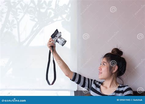 Asian Woman Take A Selfie With Digital Camera Stock Image Image Of