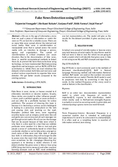 Pdf Irjet Fake News Detection Using Lstm Irjet Journal