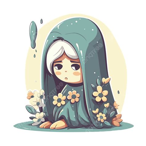 รูปแสดงความเสียใจภาพตัดปะสาวการ์ตูนกำลังนั่งก้มหน้าลงน้ำและดอกไม้