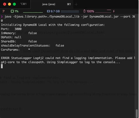 dynamodb local error statuslogger log4j2 could not find a logging